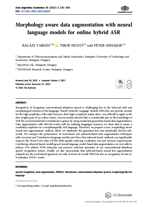 (PDF) Morphology aware data augmentation with neural language models for online hybrid ASR