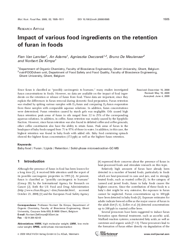 (PDF) Impact of various food ingredients on the retention of furan in foods