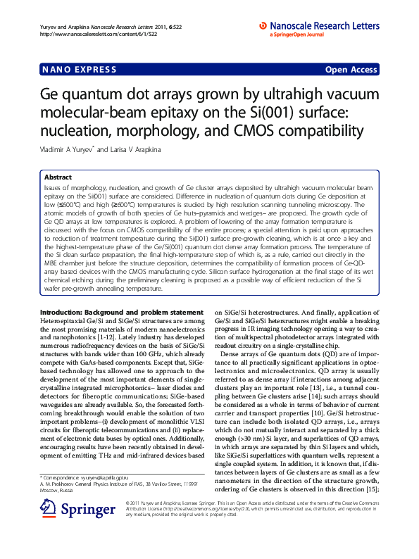 (PDF) Ge quantum dot arrays grown by ultrahigh vacuum molecular-beam epitaxy on the Si(001 ...