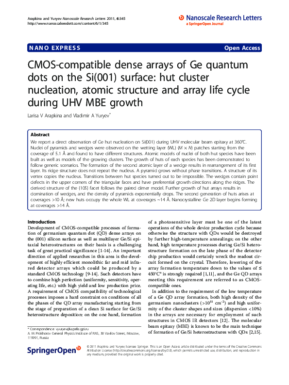 (PDF) CMOS-compatible dense arrays of Ge quantum dots on the Si(001) surface: hut cluster ...
