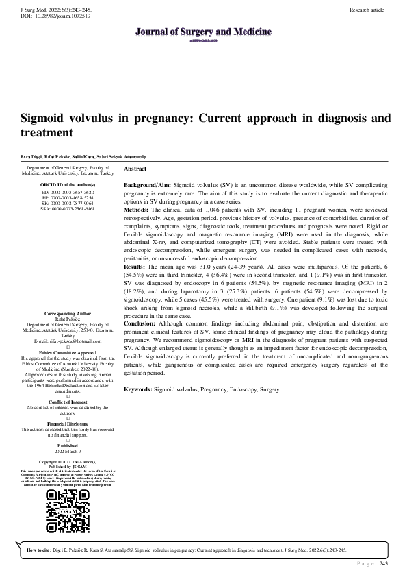 (PDF) Sigmoid volvulus in pregnancy: Current approach in diagnosis and treatment