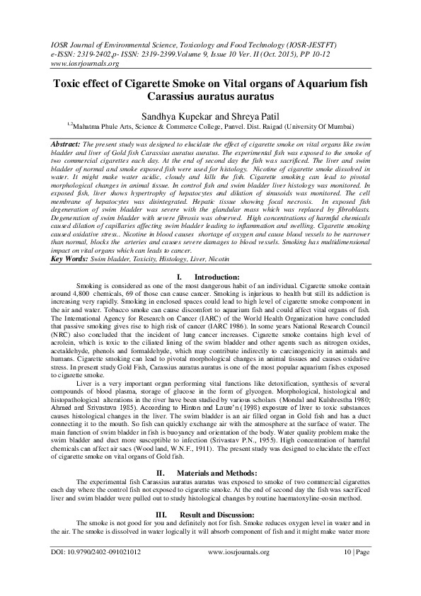 (PDF) Toxic effect of Cigarette Smoke on Vital organs of Aquarium fish ...