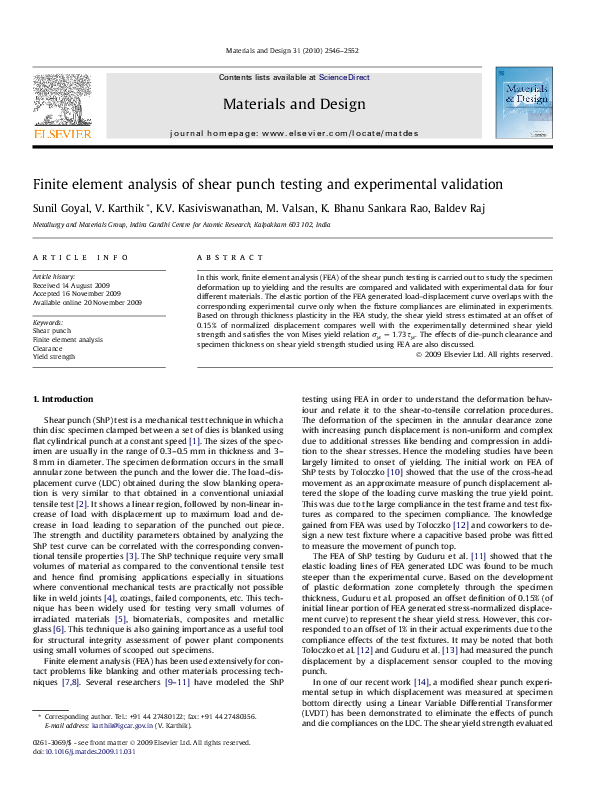 (PDF) Finite element analysis of shear punch testing and experimental ...