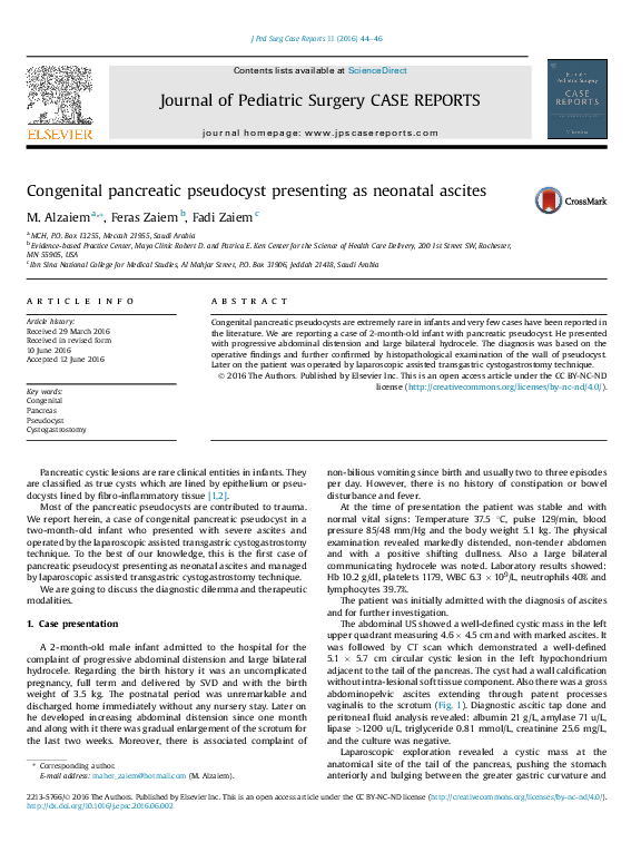 (PDF) Congenital pancreatic pseudocyst presenting as neonatal ascites