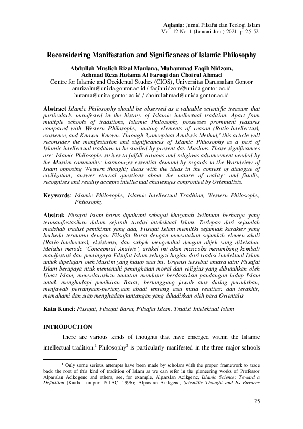 (PDF) Reconsidering Manifestation and Significances of Islamic Philosophy