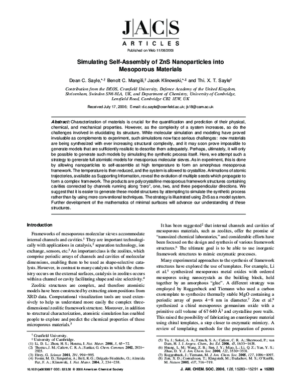 (PDF) Simulating Self-Assembly of ZnS Nanoparticles into Mesoporous ...