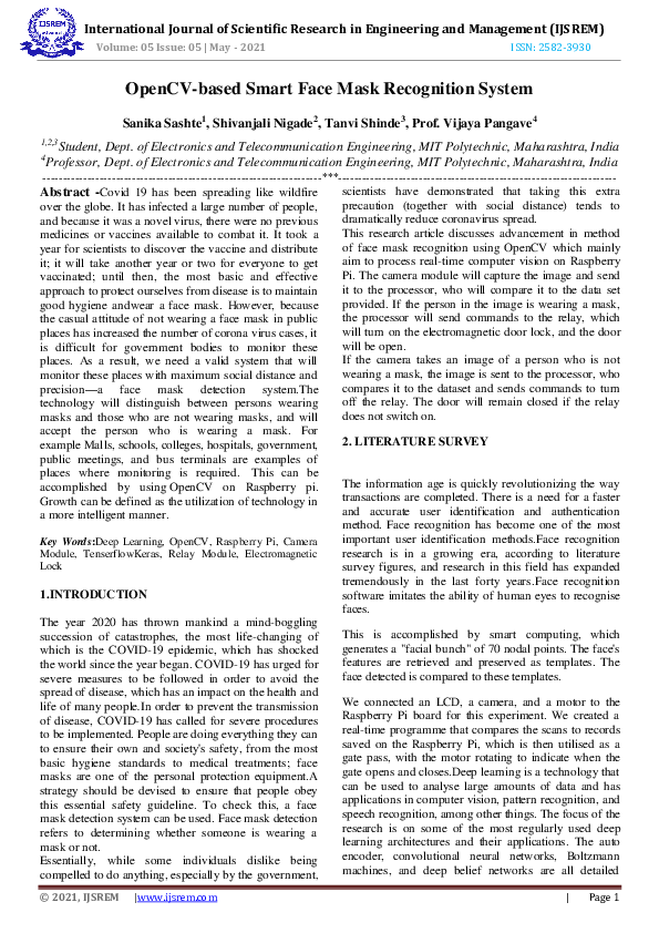 (PDF) OpenCV-based Smart Face Mask Recognition System (PDF) OpenCV-based Smart Face Mask Recognition System