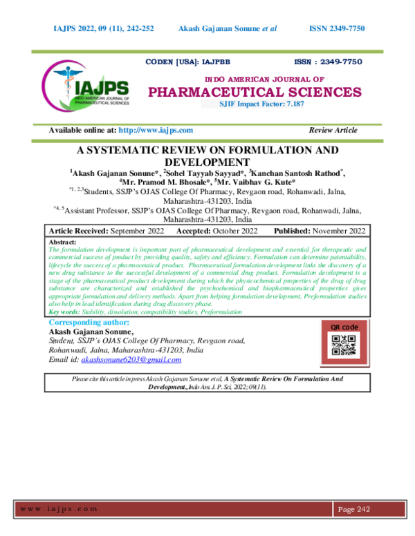 (PDF) A Systematic Review on Formulation and Development