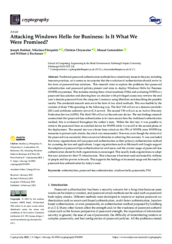 (PDF) Attacking Windows Hello for Business: Is It What We Were Promised?