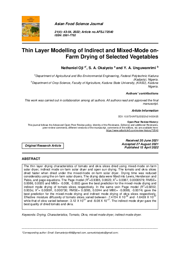 (PDF) Thin Layer Modelling of Indirect and Mixed-Mode on-Farm Drying of Selected Vegetables