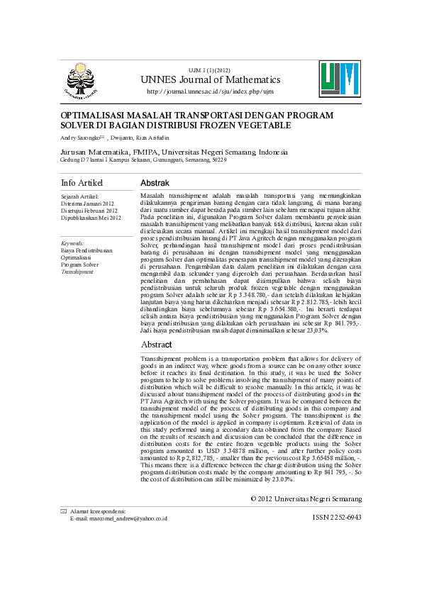 (PDF) Optimalisasi Masalah Transportasi Solver DI Bagian Distribusi Frozen Vedgeentgaabnleprogram