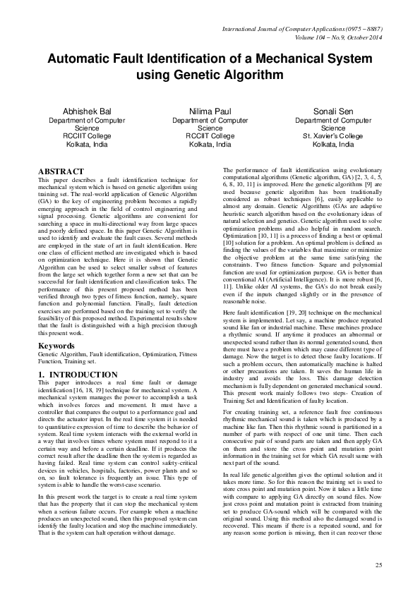 (PDF) Automatic Fault Identification of a Mechanical System using Genetic Algorithm