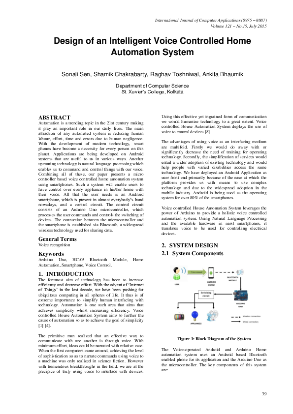 Pdf Design Of An Intelligent Voice Controlled Home Automation System