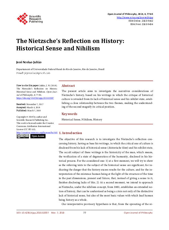 (PDF) The Nietzsche’s Reflection on History: Historical Sense and Nihilism