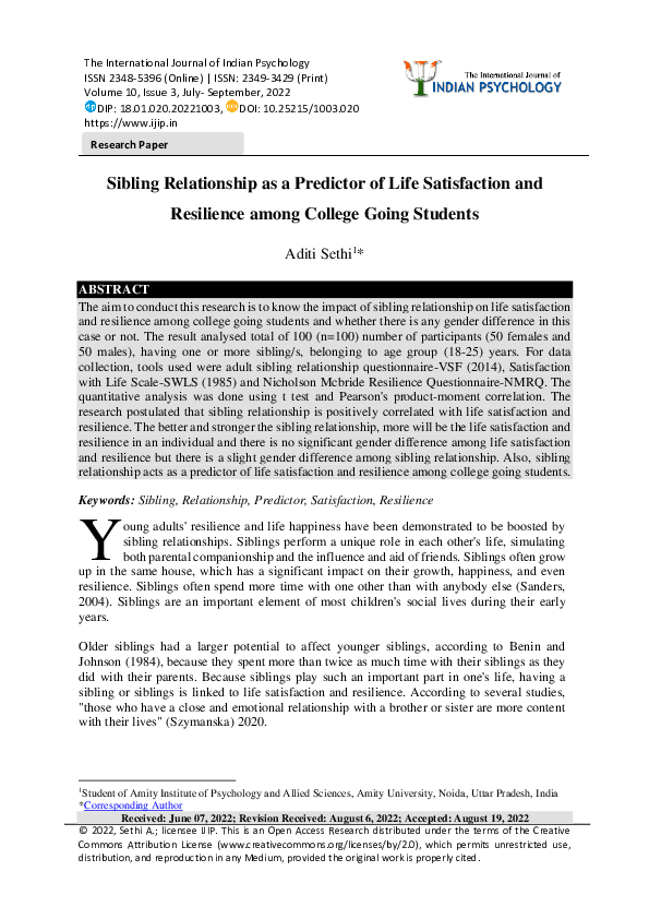 (PDF) Sibling Relationship as a Predictor of Life Satisfaction and ...