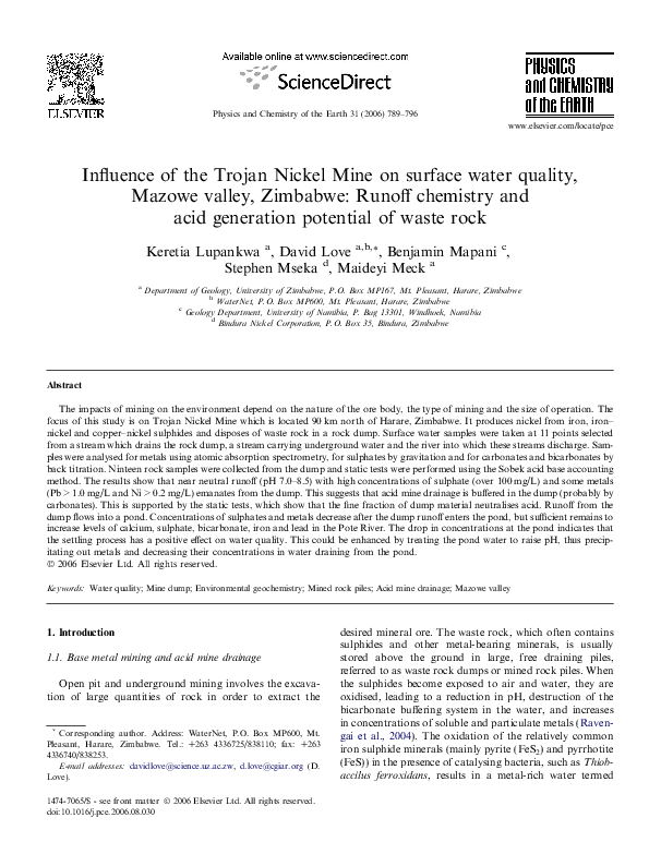 (PDF) Influence of the Trojan Nickel Mine on surface water quality ...