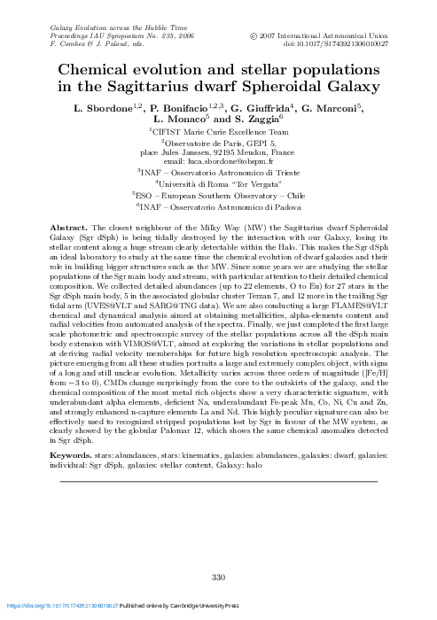 (PDF) Chemical evolution and stellar populations in the Sagittarius dwarf Spheroidal Galaxy