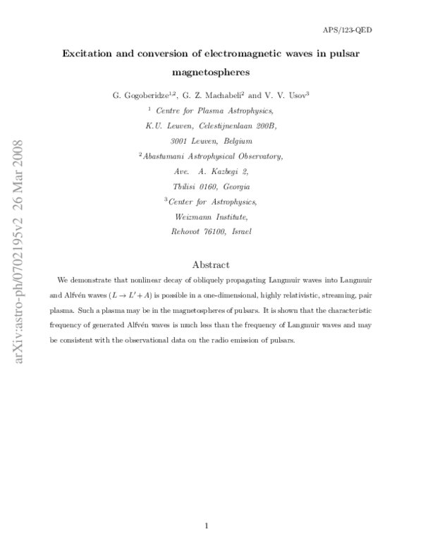 (PDF) Excitation and conversion of electromagnetic waves in pulsar ...