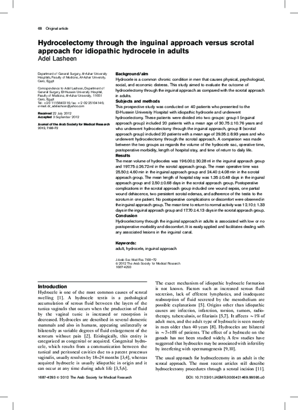 (PDF) Hydrocelectomy through the inguinal approach versus scrotal ...