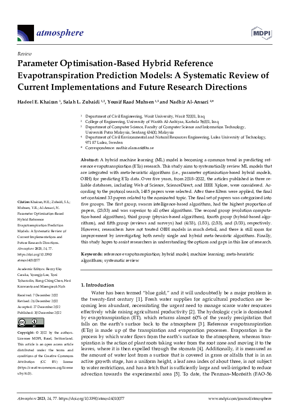 (PDF) Parameter Optimisation-Based Hybrid Reference Evapotranspiration Prediction Models: A ...