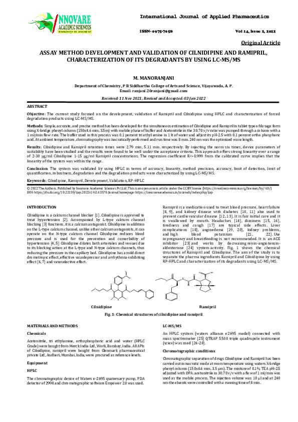 Pdf Assay Method Development And Validation Of Cilnidipine And Ramipril Characterization Of