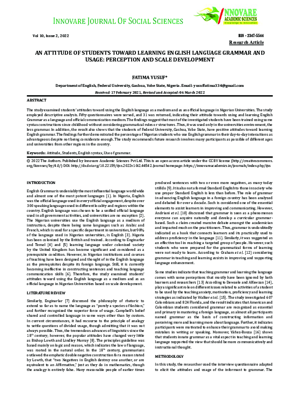 (PDF) AN ATTITUDE OF STUDENTS TOWARD LEARNING ENGLISH LANGUAGE GRAMMAR AND USAGE: PERCEPTION AND ...