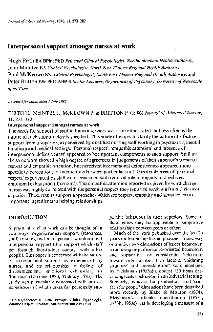 (PDF) Interpersonal support amongst nurses at work