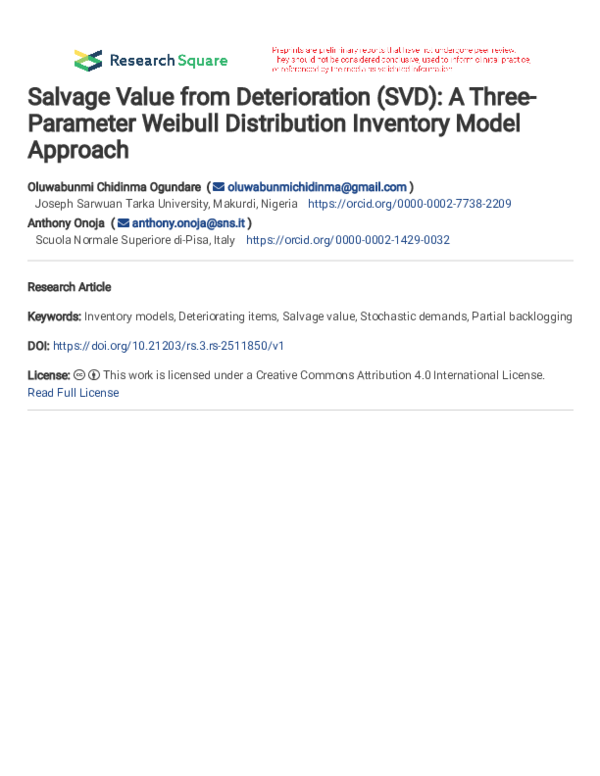Pdf Salvage Value From Deterioration Svd A Three Parameter Weibull Distribution Inventory
