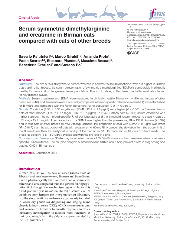 (PDF) Serum symmetric dimethylarginine and creatinine in Birman cats ...