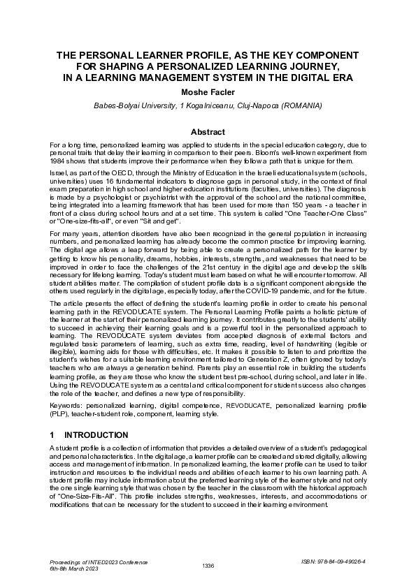 (PDF) THE PERSONAL LEARNER PROFILE, AS THE KEY COMPONENT FOR SHAPING A ...