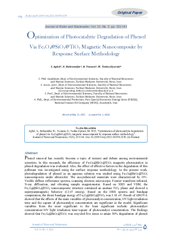 Pdf Optimization Of Photocatalytic Degradation Of Phenol Via Fe3o4 Sio2 Tio2 Magnetic