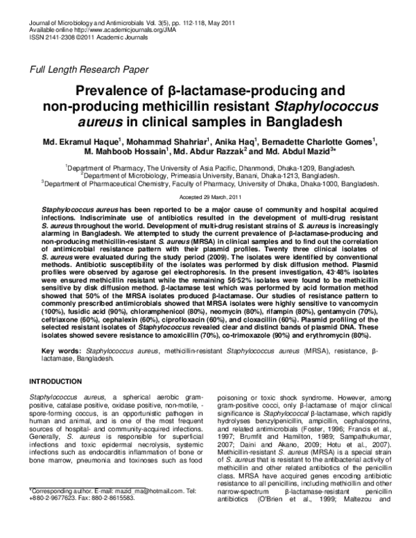 (PDF) Prevalence of -lactamase-producing and non-producing methicillin resistant Staphylococcus ...