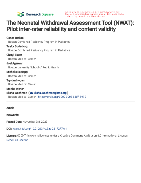 (PDF) The Neonatal Withdrawal Assessment Tool (NWAT): Pilot inter-rater ...