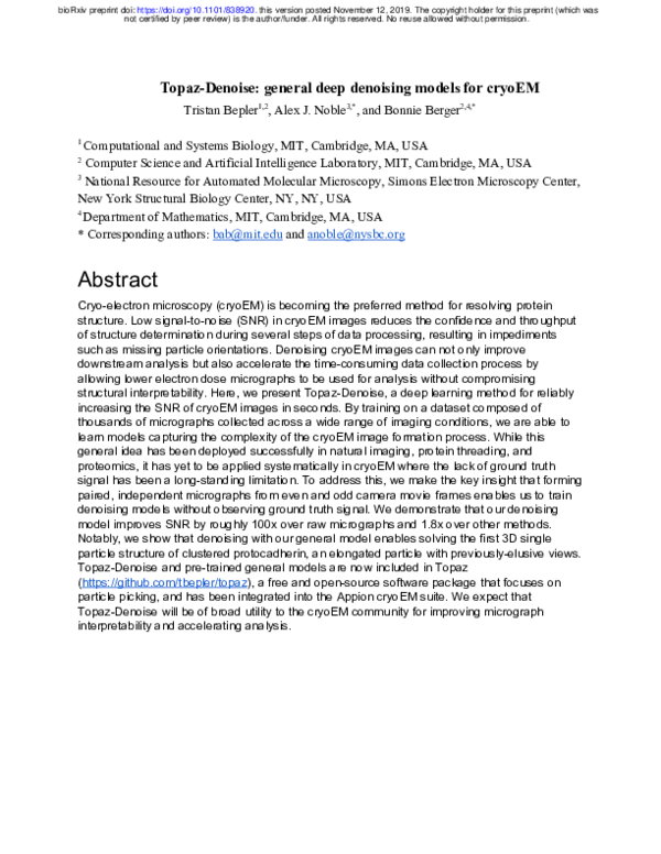 (PDF) Topaz-Denoise: general deep denoising models for cryoEM and cryoET