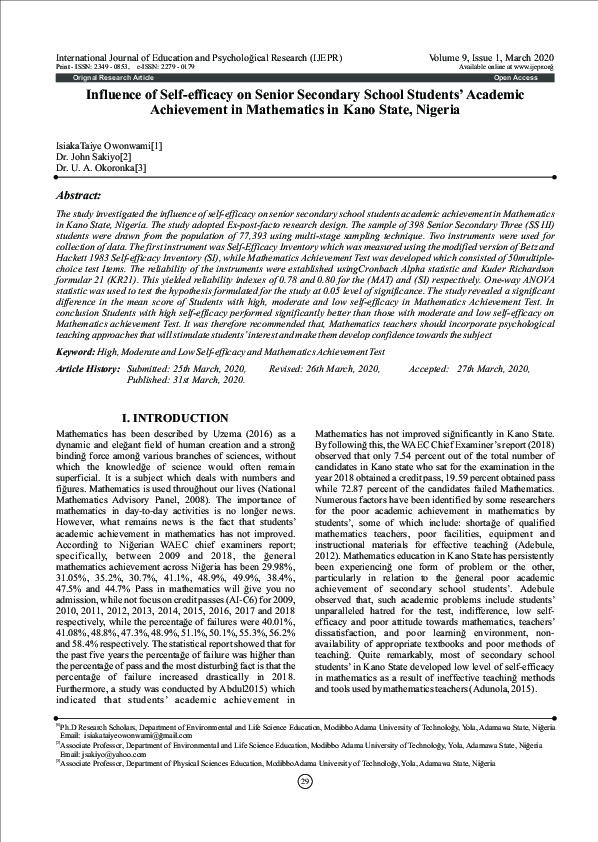 (PDF) Influence of Self-efficacy on Senior Secondary School Students' Academic Achievement in ...
