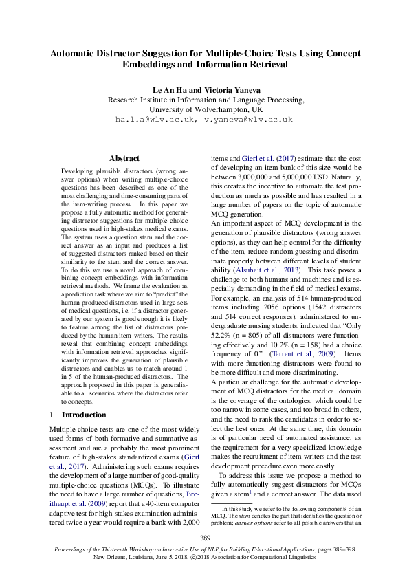 (PDF) Automatic Distractor Suggestion for Multiple-Choice Tests Using ...