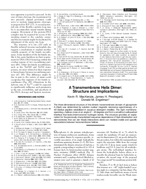 (PDF) A Transmembrane Helix Dimer: Structure and Implications