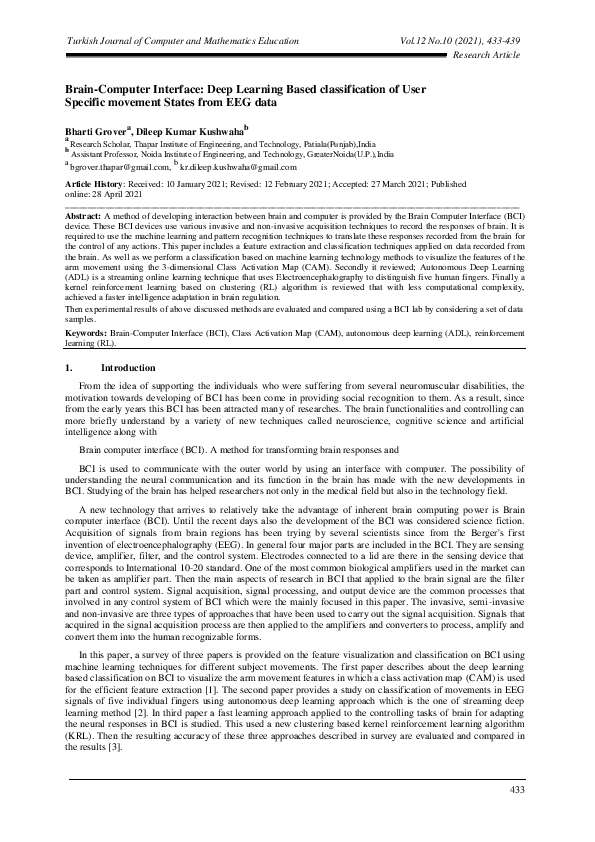 Pdf Brain Computer Interface Deep Learning Based Classification Of User Specific Movement
