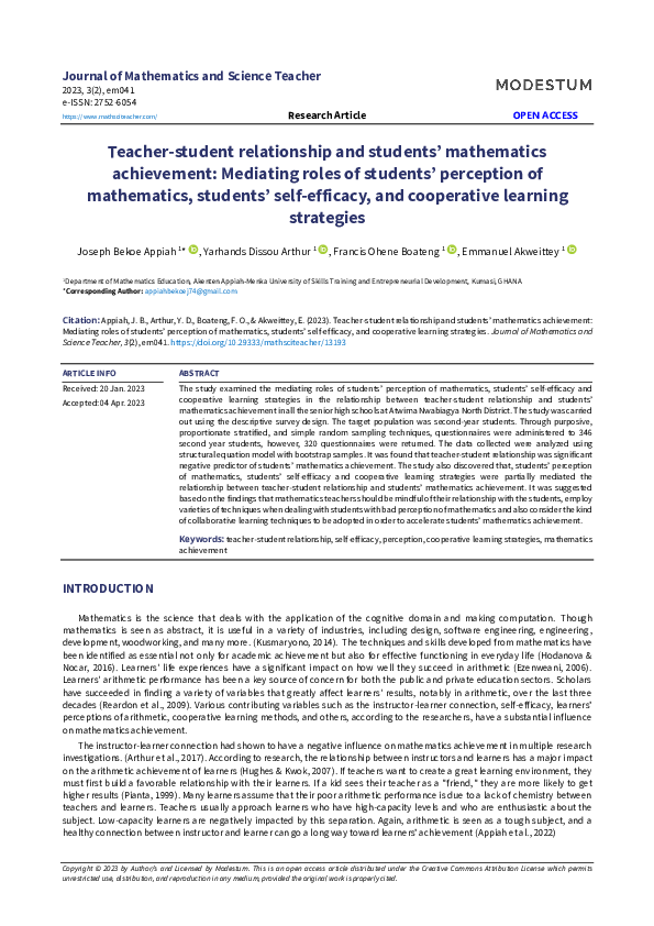 (PDF) Teacher-student relationship and students' mathematics ...