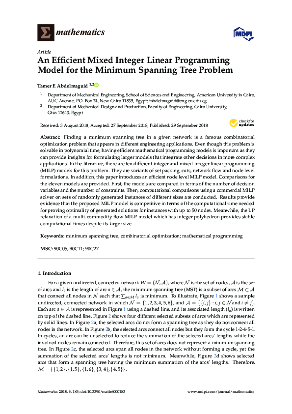 Pdf An Efficient Mixed Integer Linear Programming Model For The Minimum Spanning Tree Problem