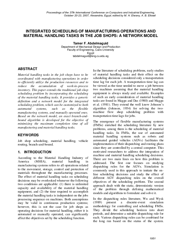 (PDF) Integrated scheduling of manufacturing operations and material handling tasks in the job ...