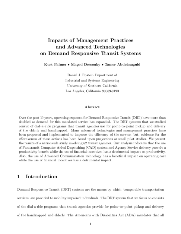 (PDF) Impacts of management practices and advanced technologies on demand responsive transit systems