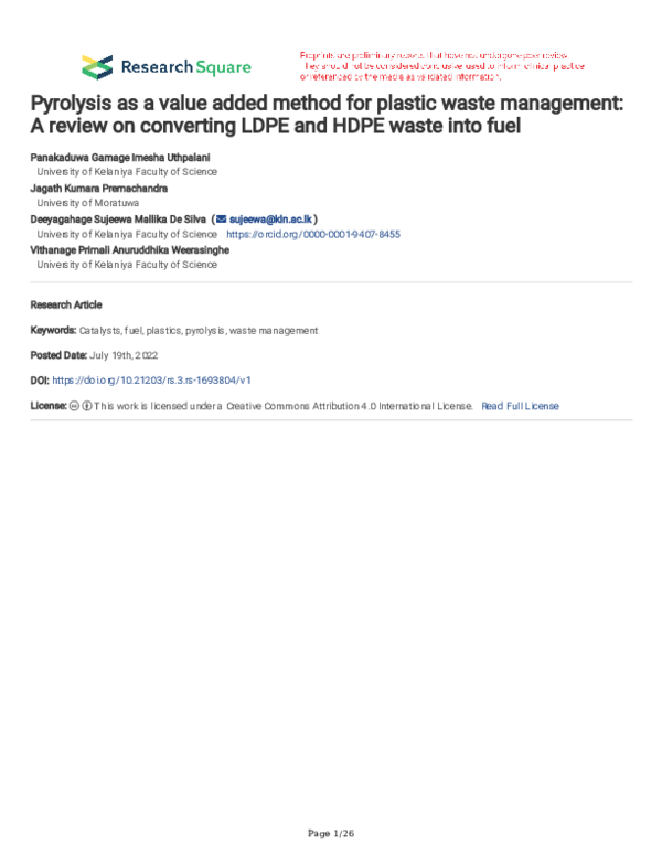 (PDF) Pyrolysis as a value added method for plastic waste management: A review on converting ...