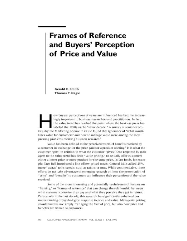 (PDF) Frames of Reference and Buyers' Perception of Price and Value