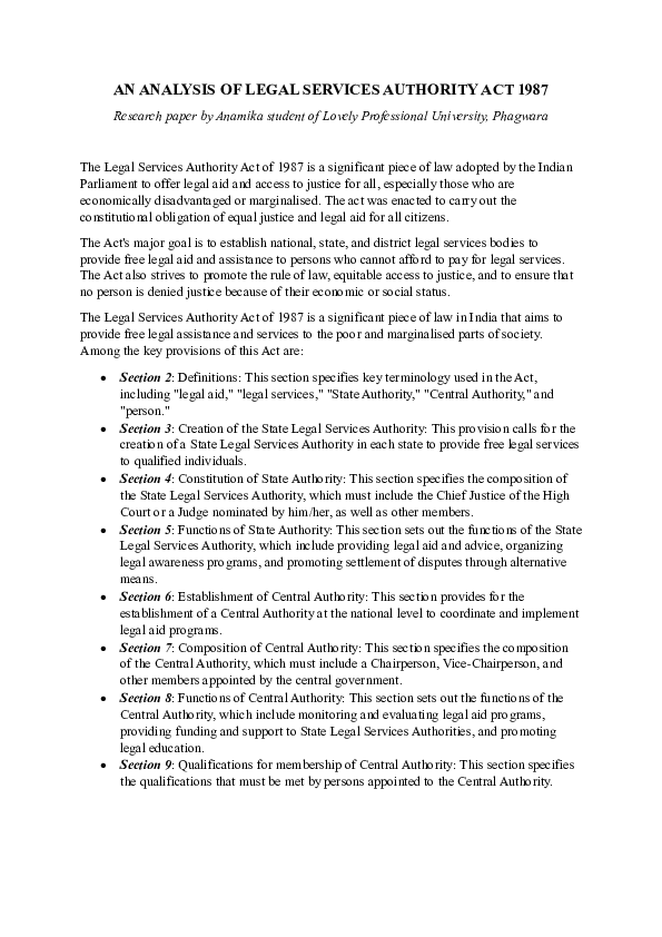 (PDF) AN ANALYSIS OF LEGAL SERVICES AUTHORITY ACT 1987