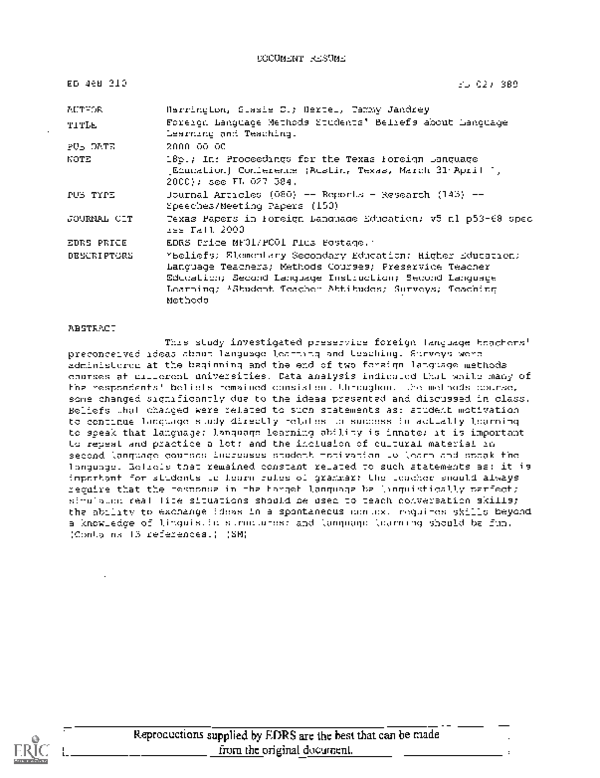 (PDF) Foreign Language Methods Students' Beliefs about Language Learning and Teaching