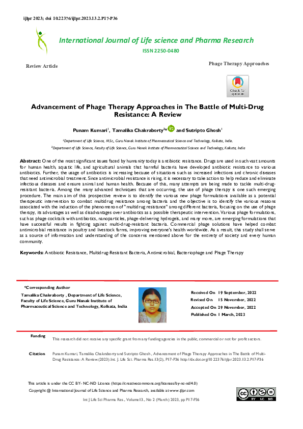 (PDF) Advancement of Phage Therapy Approaches in The Battle of Multi-Drug Resistance: A Review