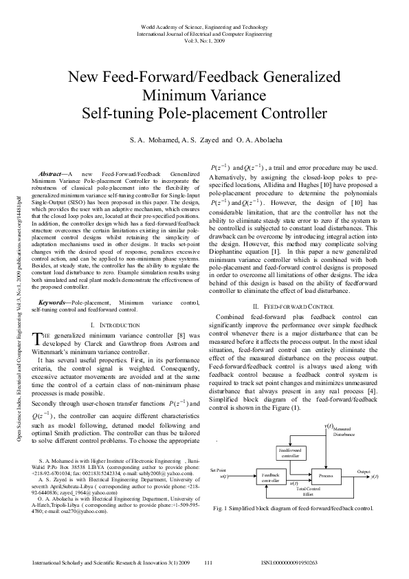 Pdf New Feed Forwardfeedback Generalized Minimum Variance Self Tuning Pole Placement Controller