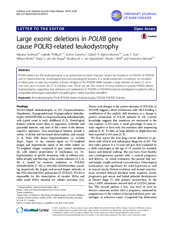 (PDF) Large exonic deletions in POLRB gene cause POLR3-related leukodystrophy | Luan Tran ...