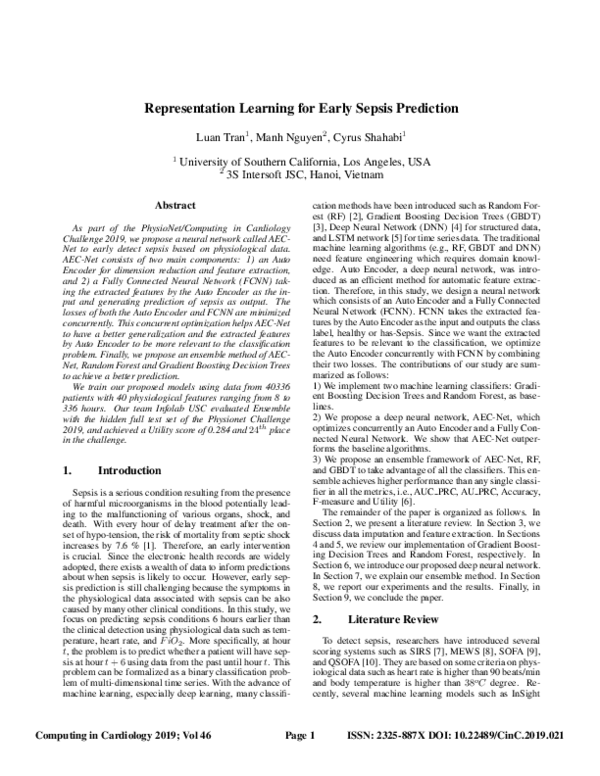 Pdf Representation Learning For Early Sepsis Prediction